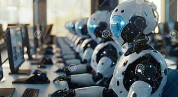 Artificial Intelligence AI Robots Diligently Work at Computers in a ...