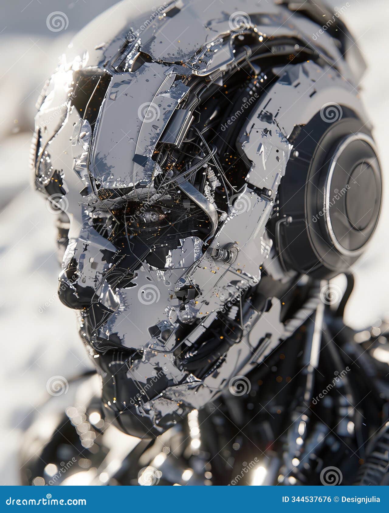 Artificial Intelligence Awakening. Detailed Portrait of a Metallic ...