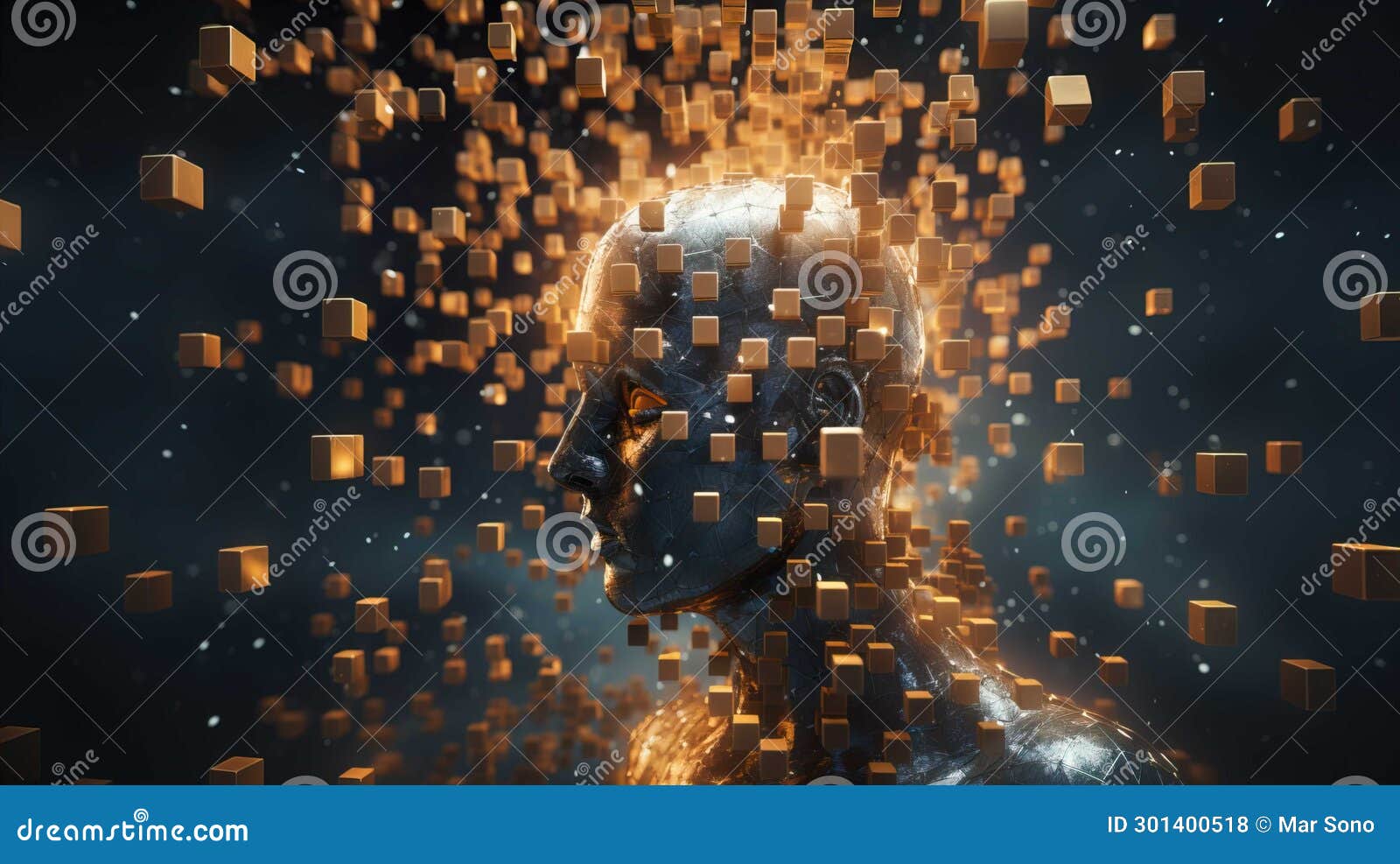 Artificial Intelligence Background , 3D Dissolving Human Head Made with Cube Shaped Particle ...