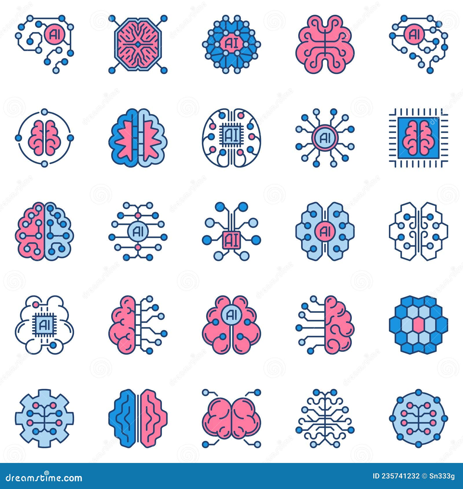 Artificial Intelligence Brain Colored Icons. Vector AI Cyberbrain Signs ...
