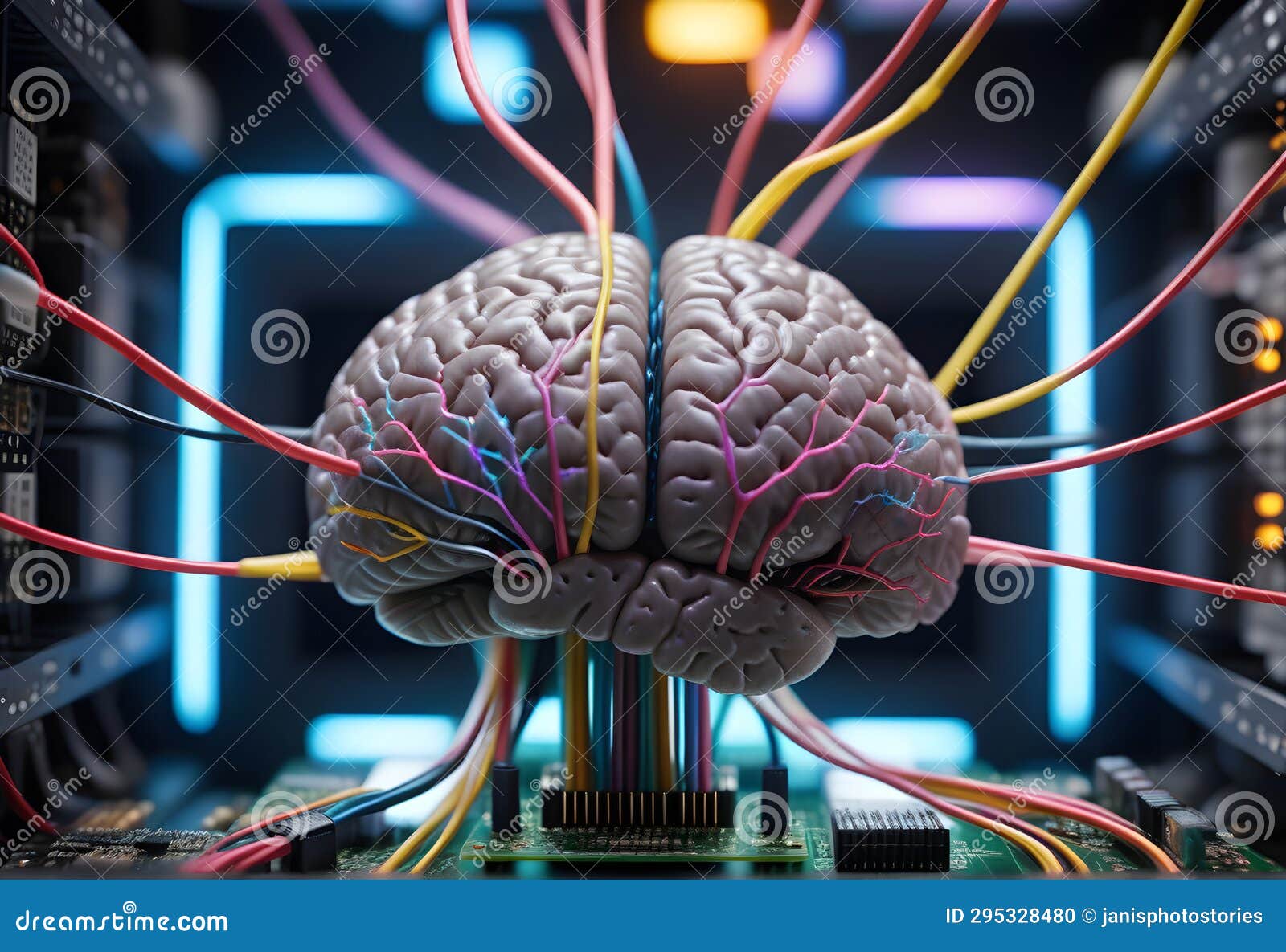 Artificial Intelligence. Brains with Glowing Neurons Connected To CPU ...