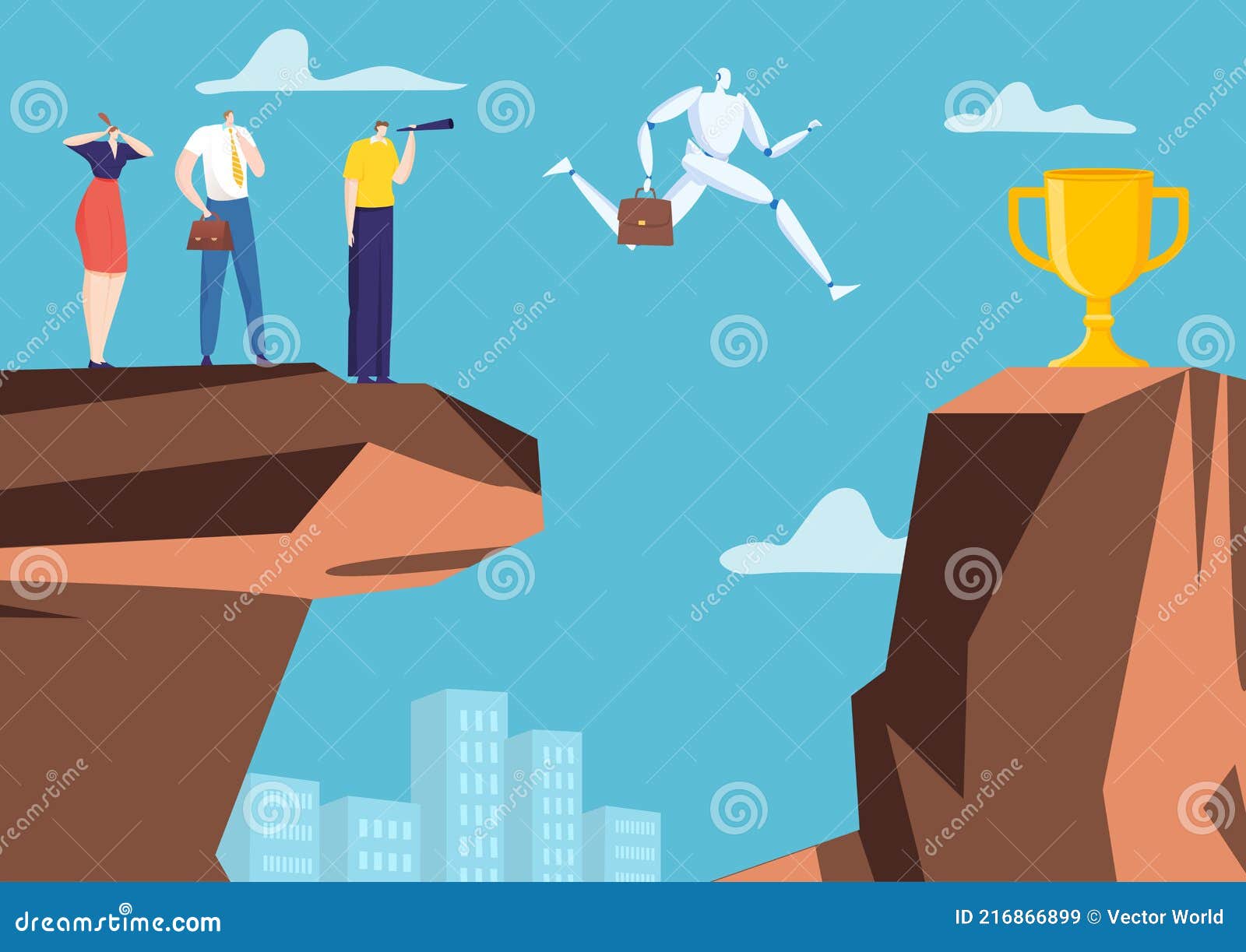 Artificial Intelligence Businessman Character Robot Jumping Chasm Rock ...