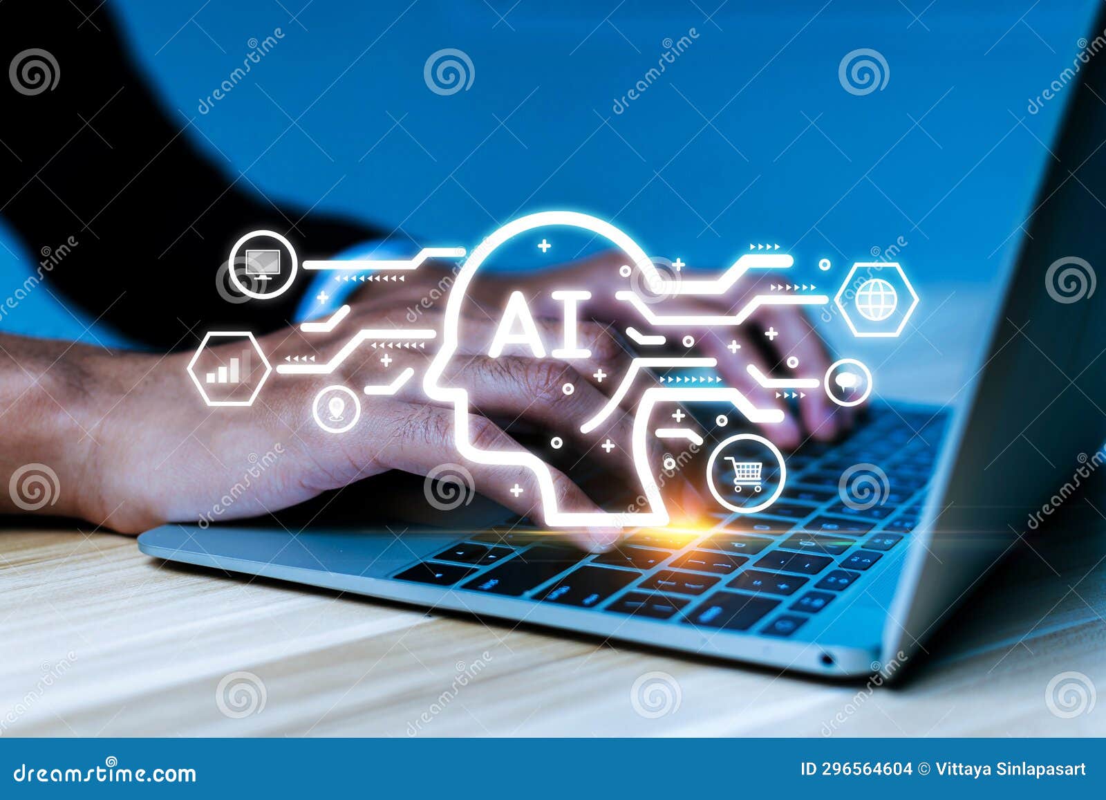 Artificial Intelligence. Businessman Working on Laptop Computer with AI ...