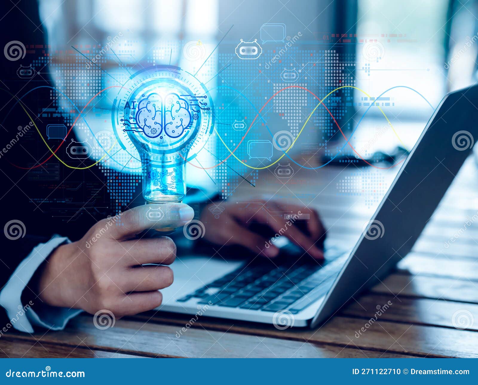 Artificial Intelligence Chat Bot Technology Concept. Glow Digital Light ...