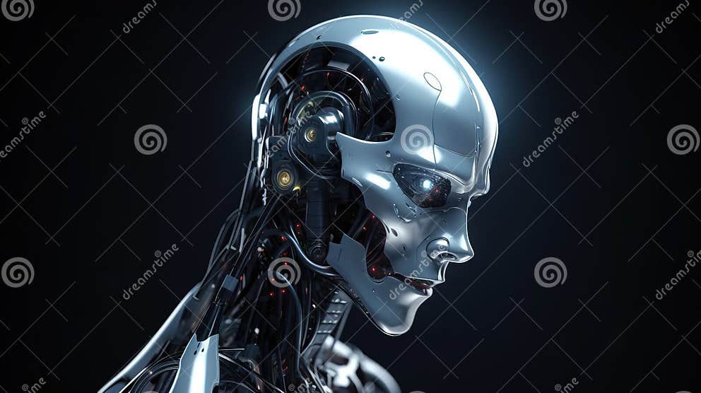 Artificial Intelligence, Composition of a Chrome Cyborg Robot on a Dark ...