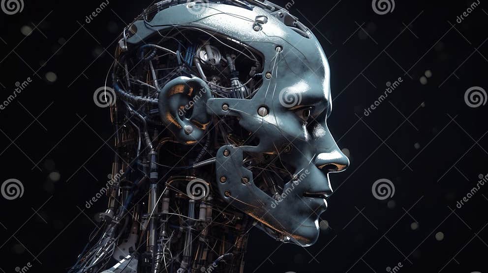 Artificial Intelligence, Composition of a Chrome Cyborg Robot on a Dark ...