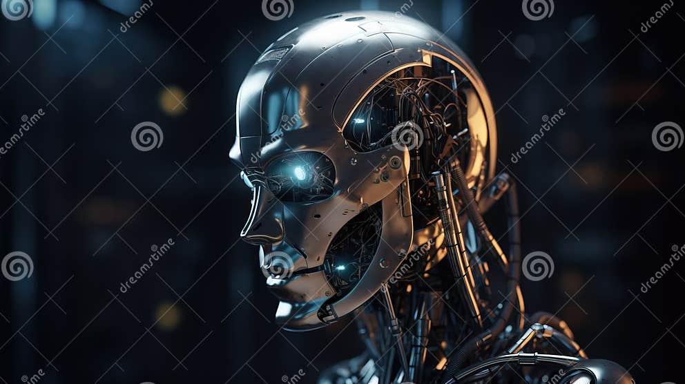 Artificial Intelligence, Composition of a Chrome Cyborg Robot on a Dark ...