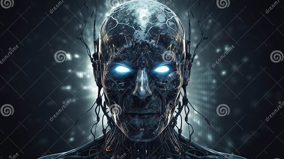 Artificial Intelligence, Composition of a Chrome Cyborg Robot on a Dark ...