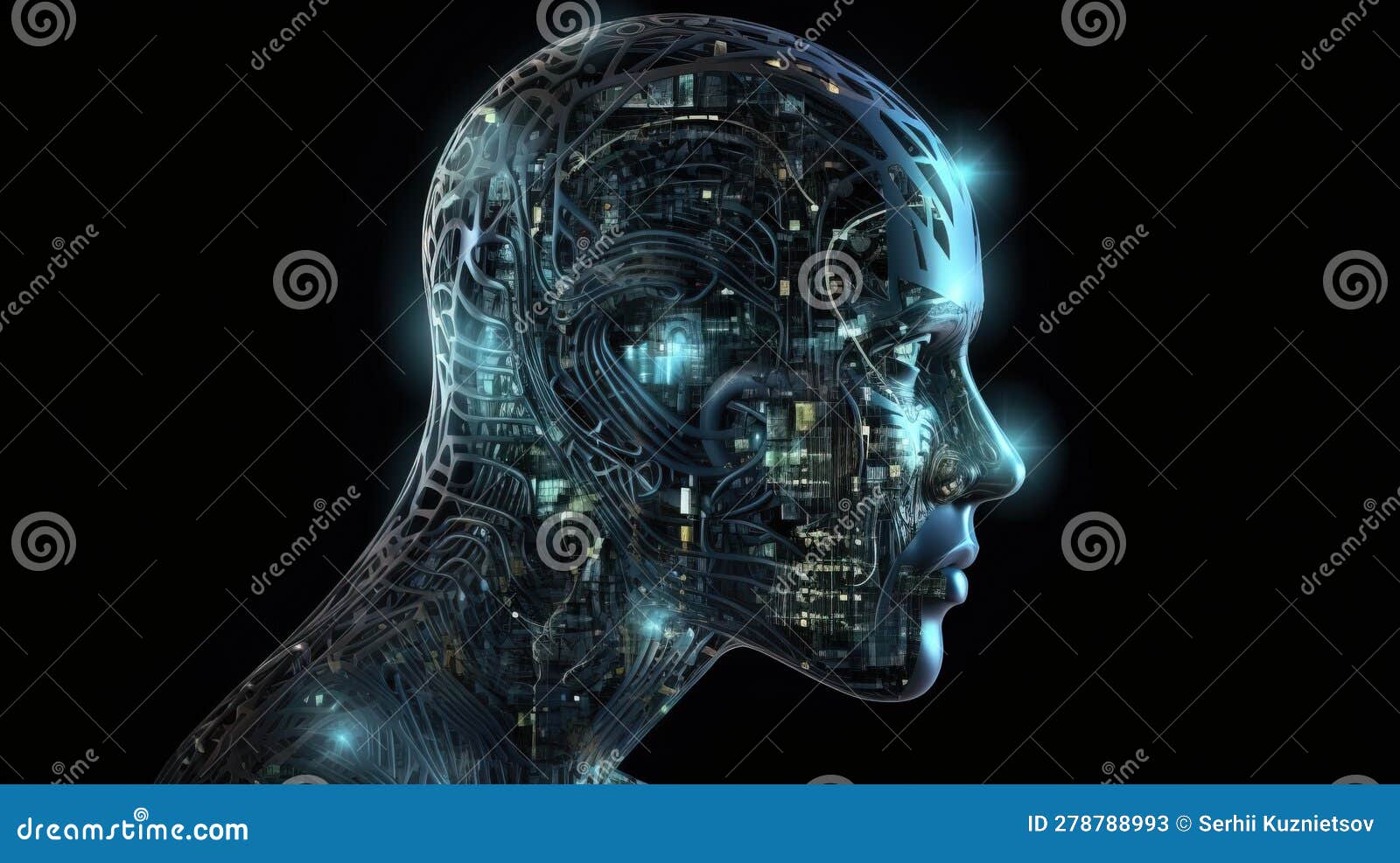 Artificial Intelligence, Composition of a Chrome Cyborg Robot on a Dark ...