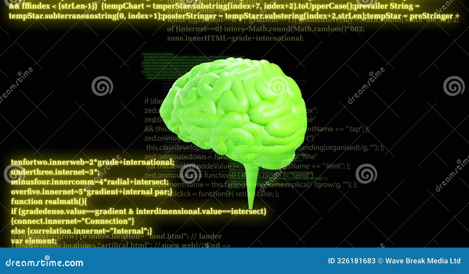 Artificial Intelligence Concept with Green Brain and Programming Code in Background Stock Image ...