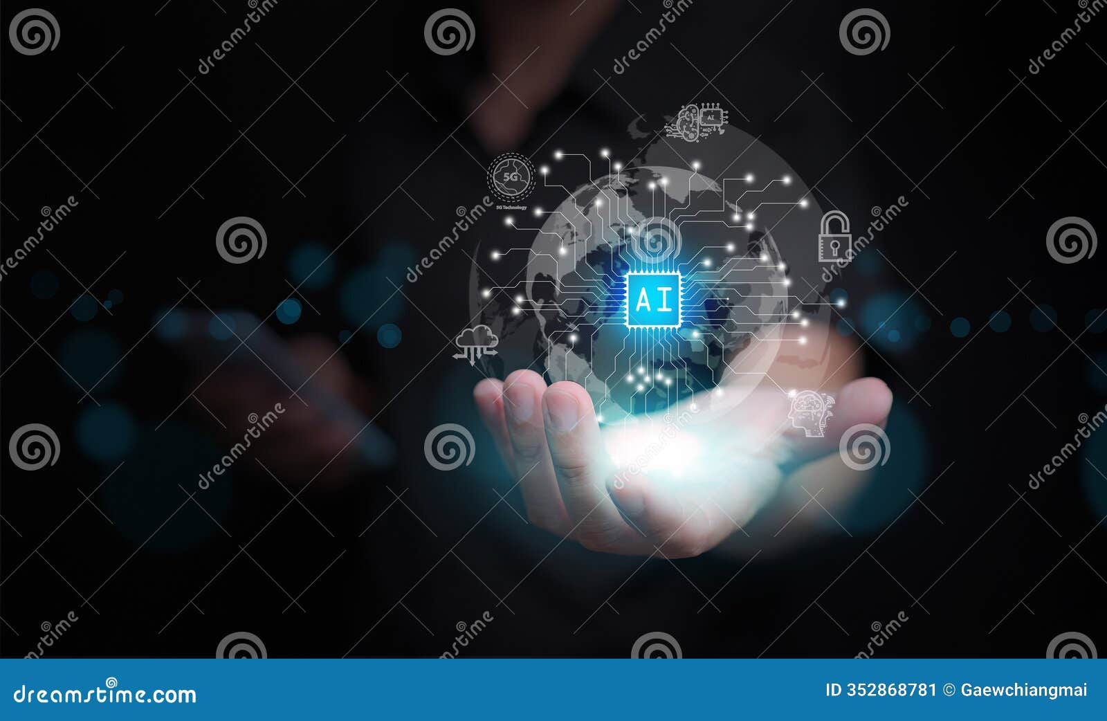 Artificial Intelligence Concept. Hands of a Man Holds a Virtual Globe with AI Text Chip with ...