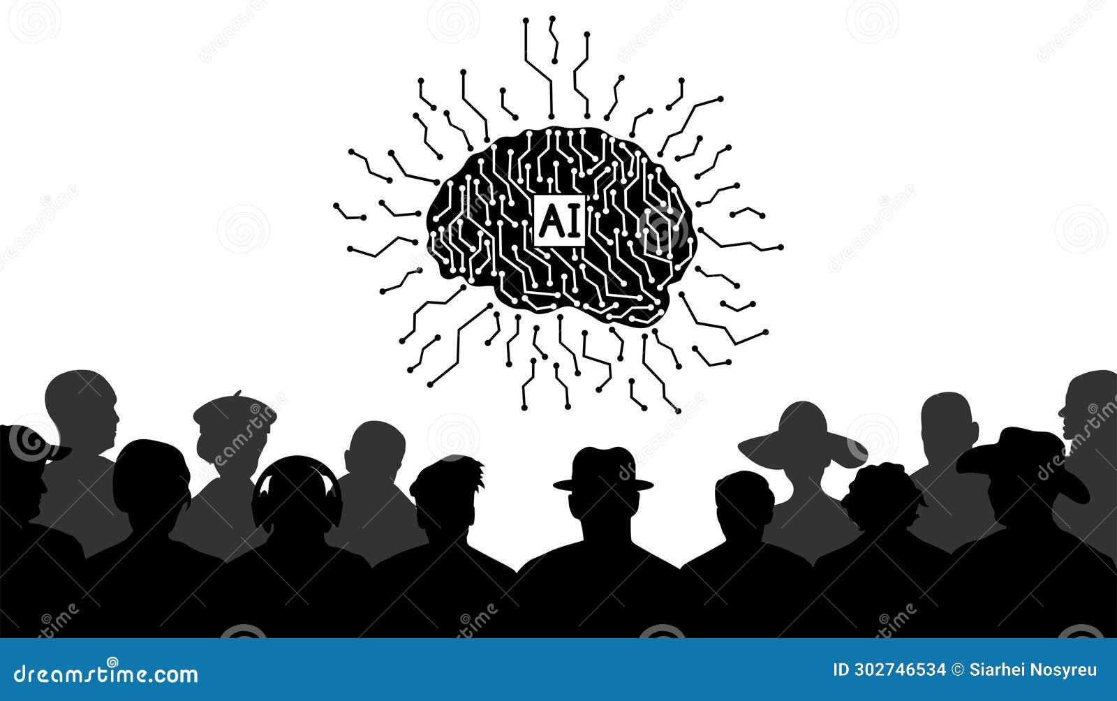 Artificial Intelligence and Crowd of Spectators. Vector Illustration ...