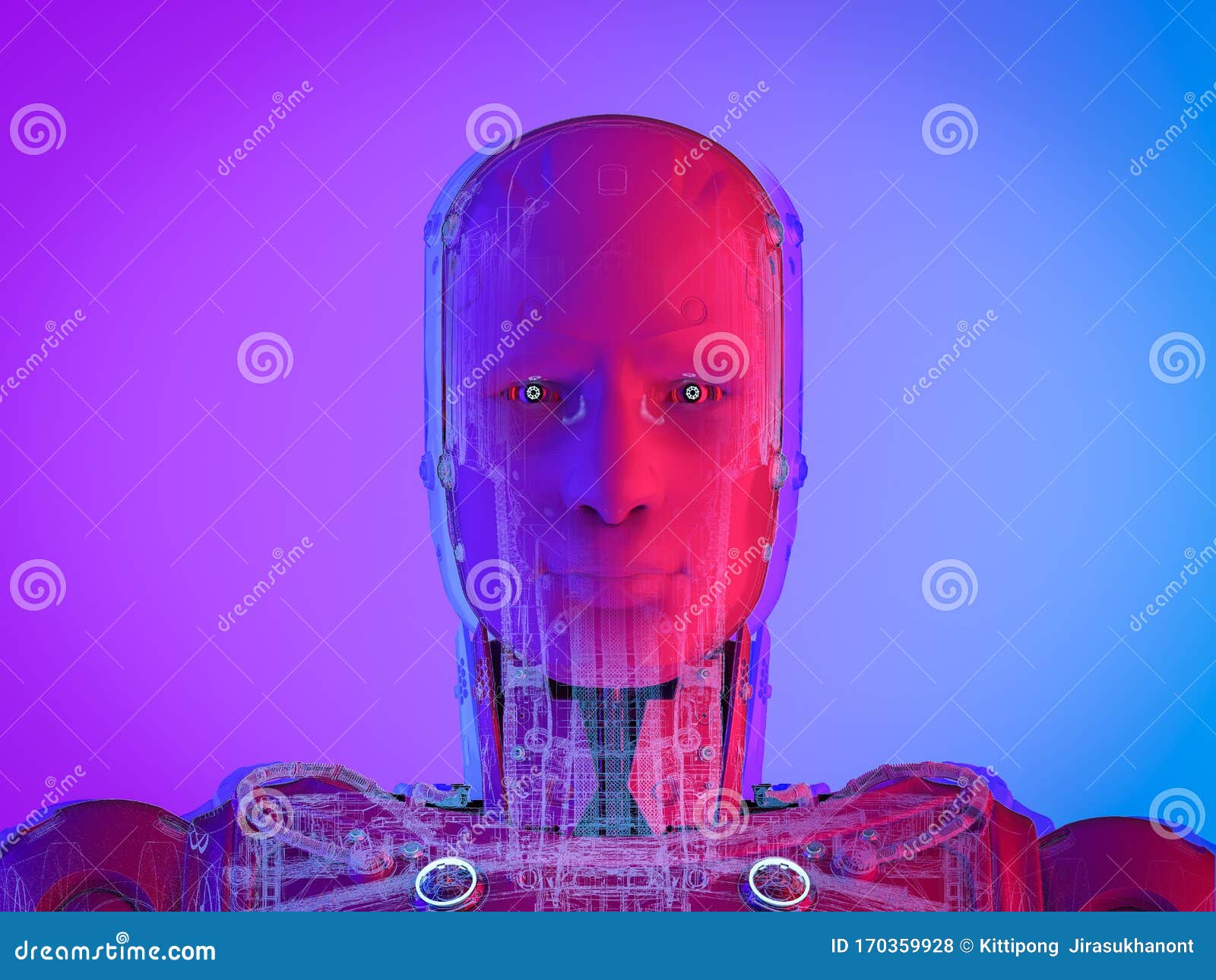 Artificial Intelligence Cyborg or Robot in Neon Light Stock ...