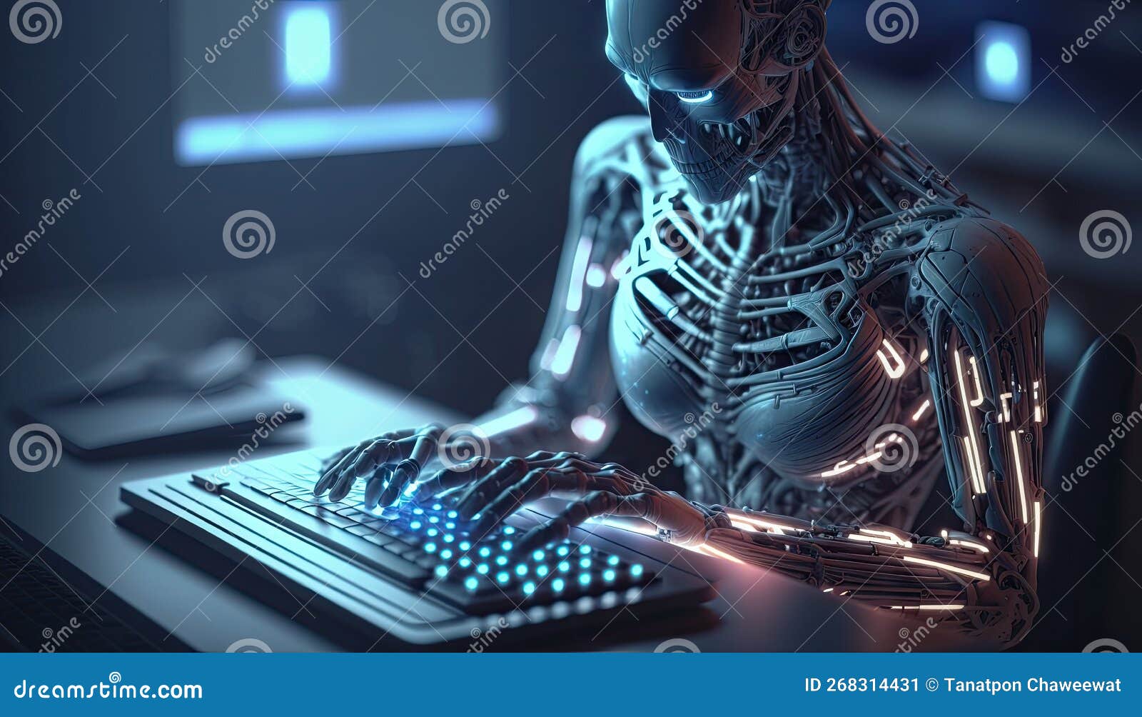 Artificial Intelligence, Cyborg Using Computer and Typing Keyboard, Technology in Future ...