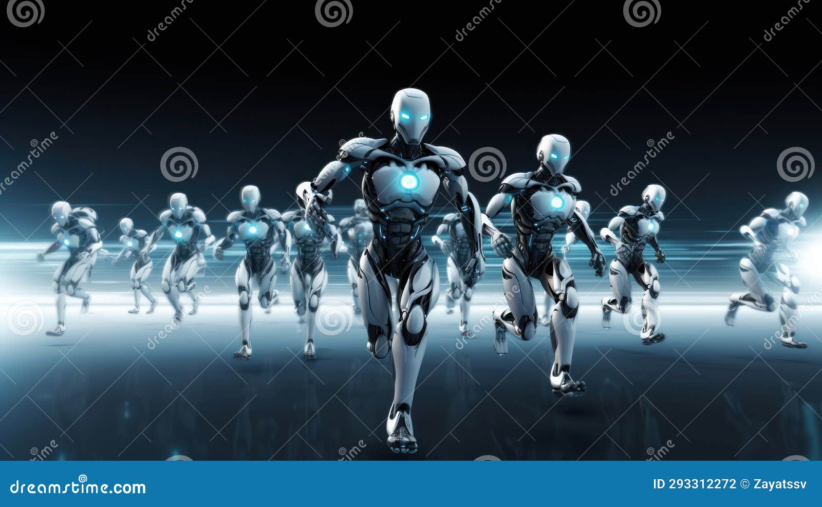 Artificial Intelligence 3D Robots Running on Solid Background with Copy ...