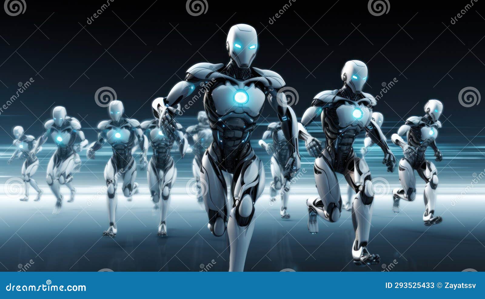 Artificial Intelligence 3D Robots Running on Solid Background with Copy ...