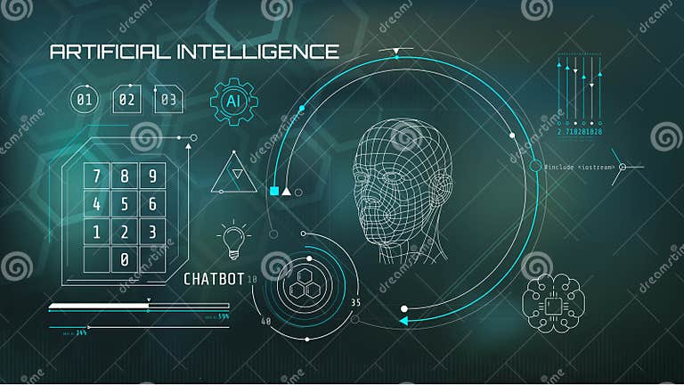 Built-in Artificial Intelligence in a Technology Circle with a 3D Head on a Abstract Background ...