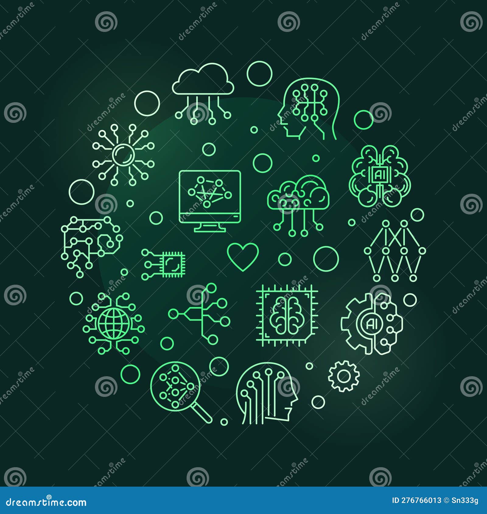 Artificial Intelligence Digital Brain Technology Line Round Vector ...