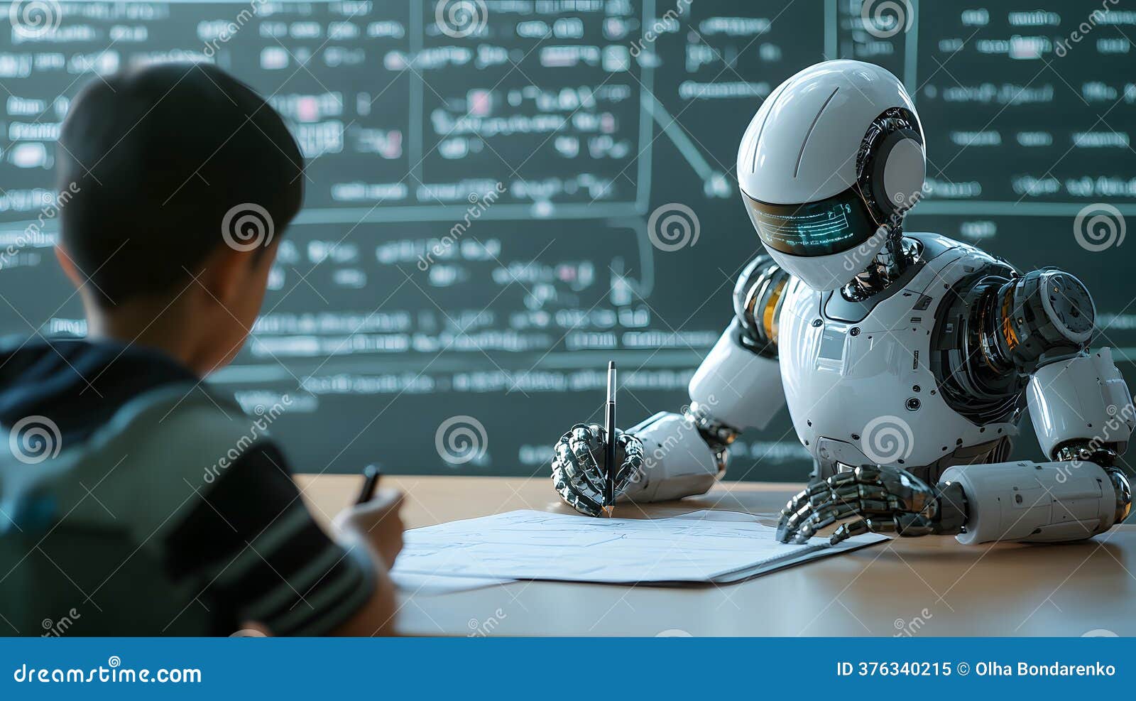 Robot Teacher With Pupils At Lesson Artificial Intelligence Technology ...