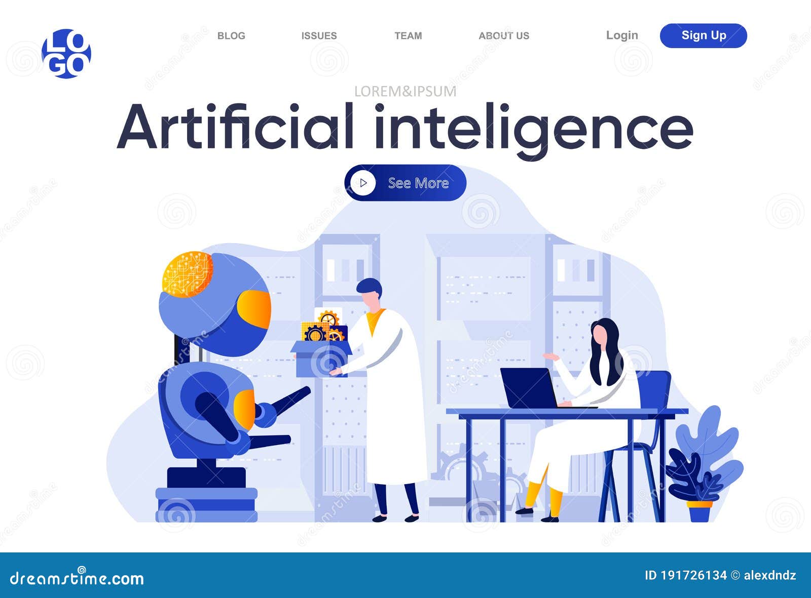 Artificial Intelligence Flat Landing Page. Scientists Working in Modern ...