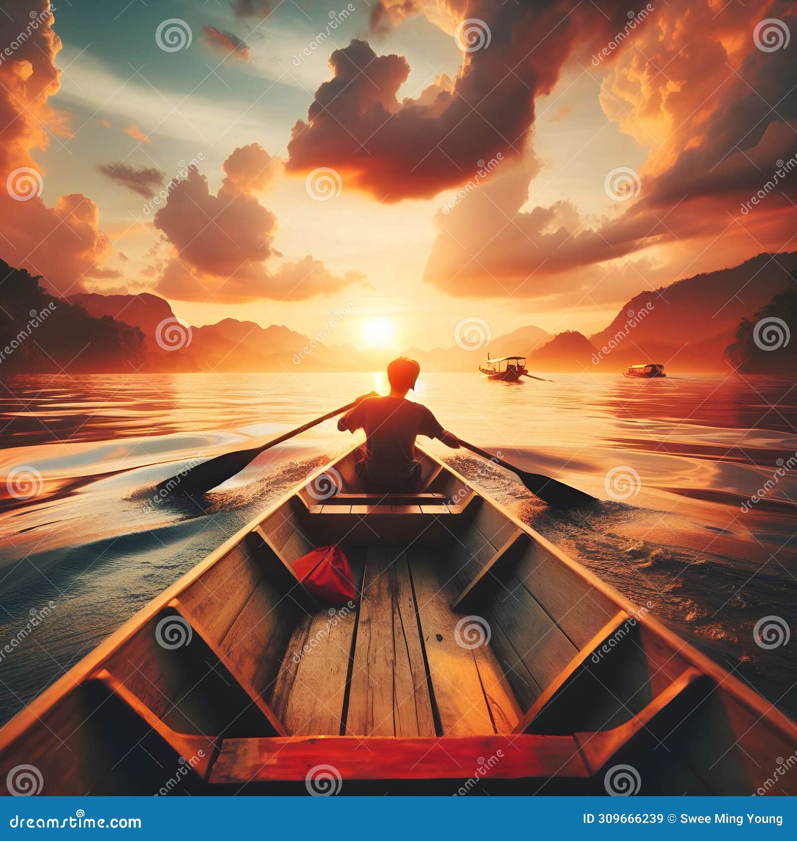 Back View Action Images of a Small Boat on a River Sailing into the ...