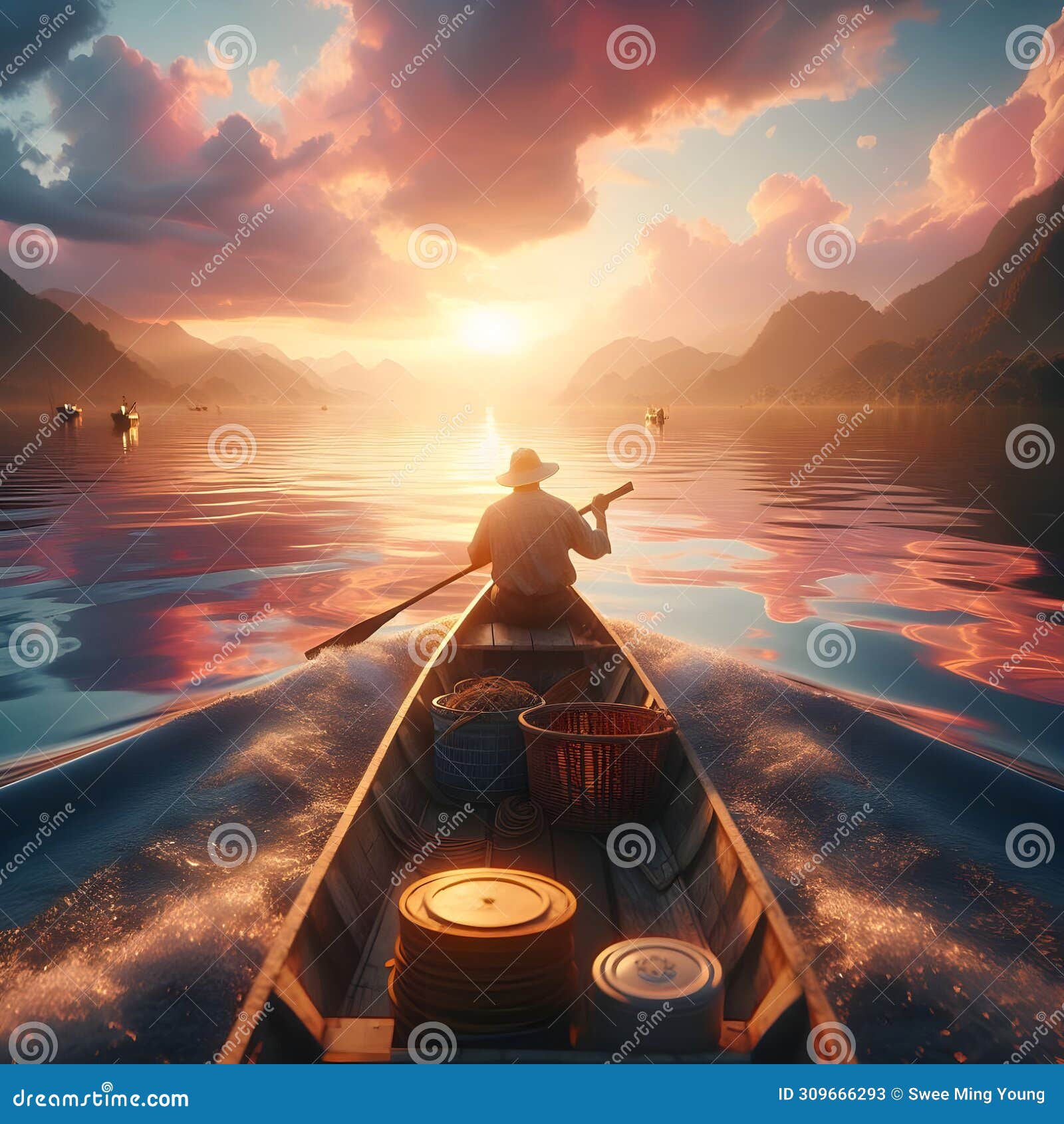 Back View Action Images of a Small Boat on a River Sailing into the ...