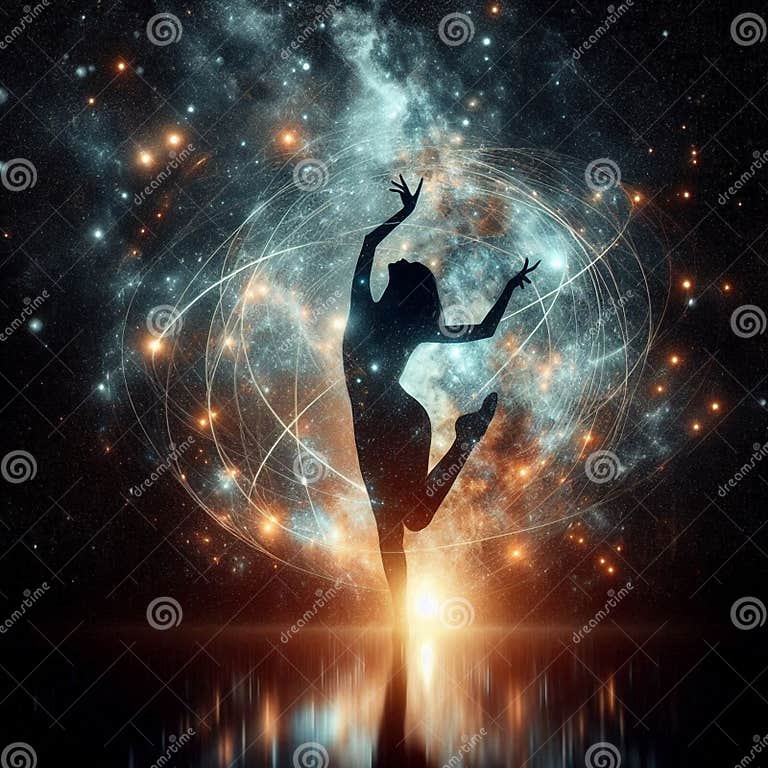 Double Exposure Image of a Dancing Figure in Blended Starry Night Sky ...