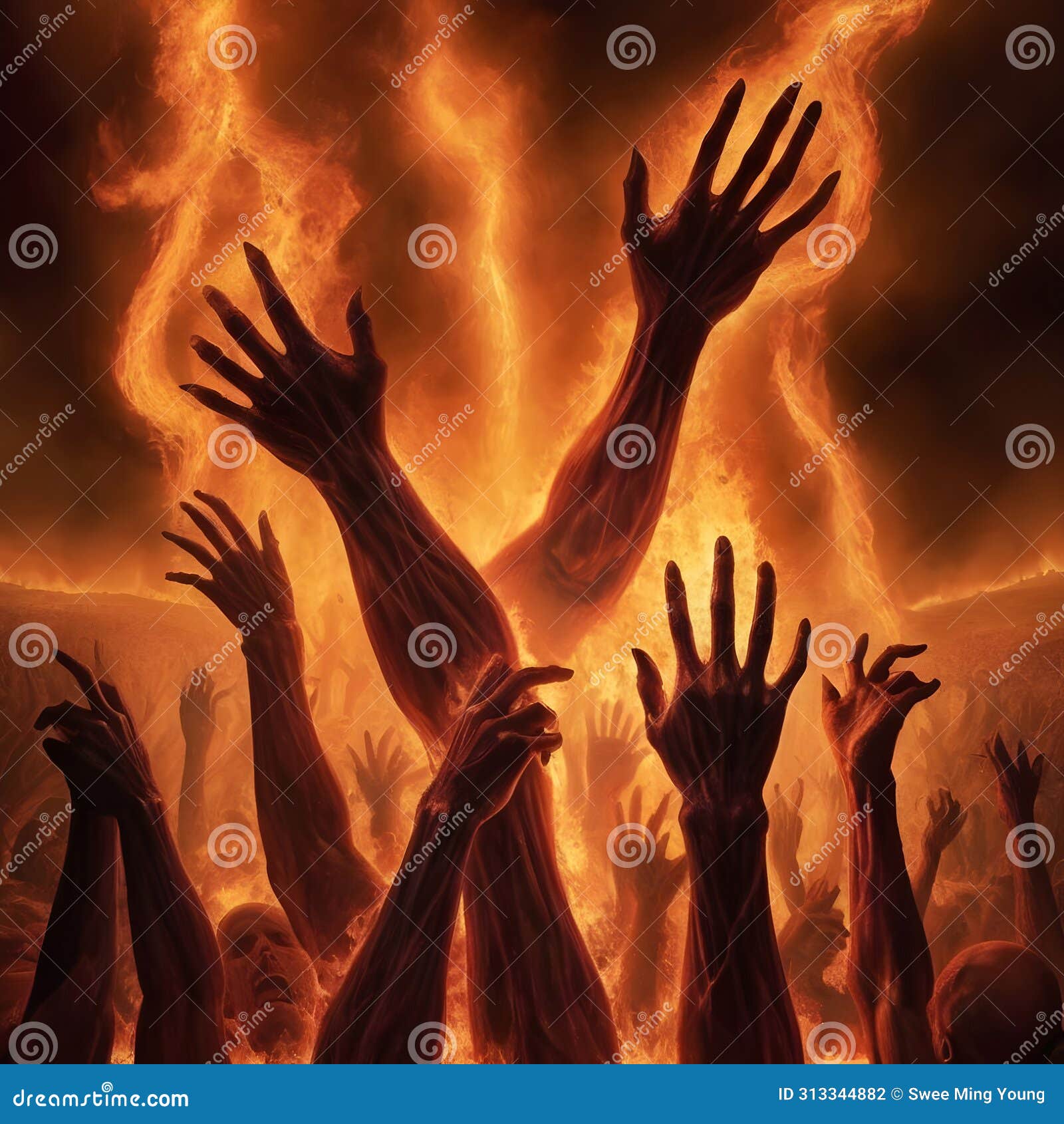 Haunting Image of Human Arms Rising from the Fiery Inferno of Hell ...