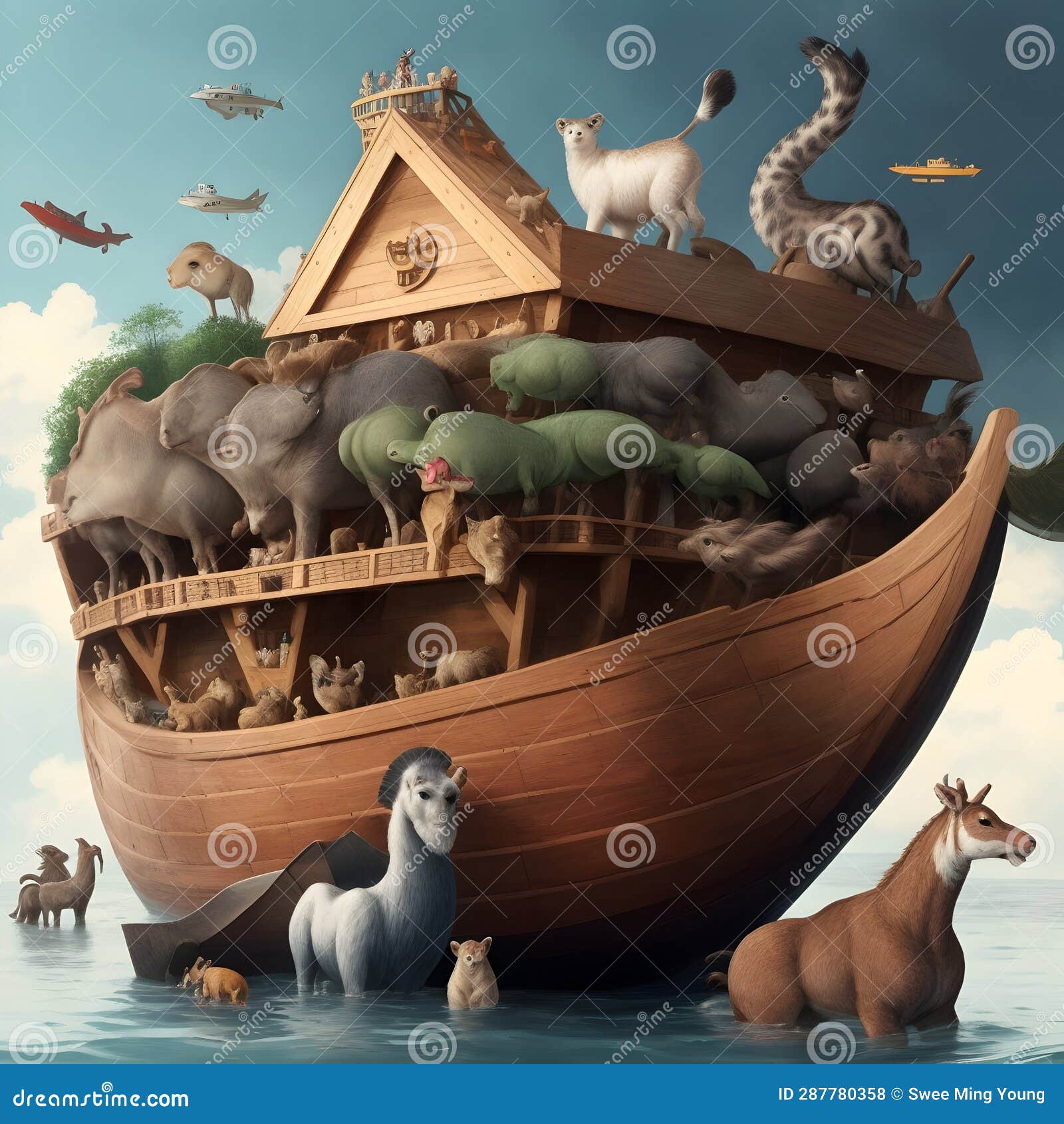 Comical Image of a Whimsical Noah S Ark Overflowing with Animals and ...