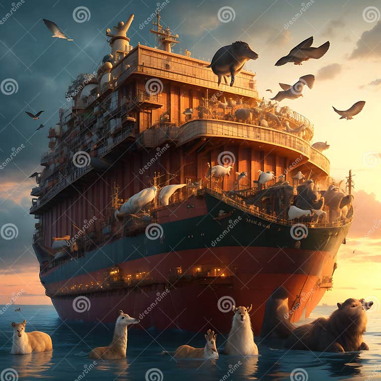 Comical Image of a Whimsical Noah S Ark Overflowing with Animals and ...