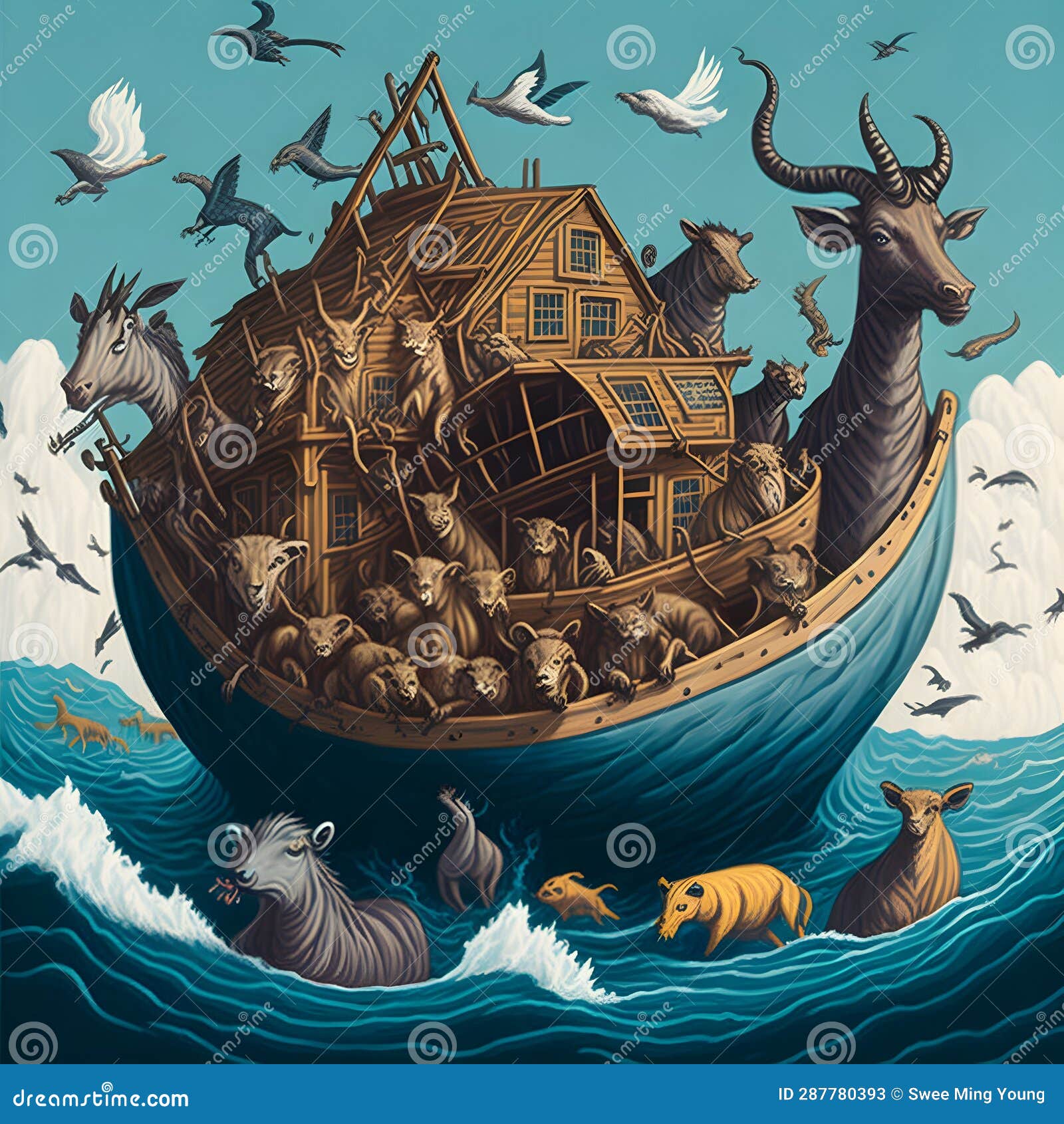 Comical Image of a Whimsical Noah S Ark Overflowing with Animals and ...