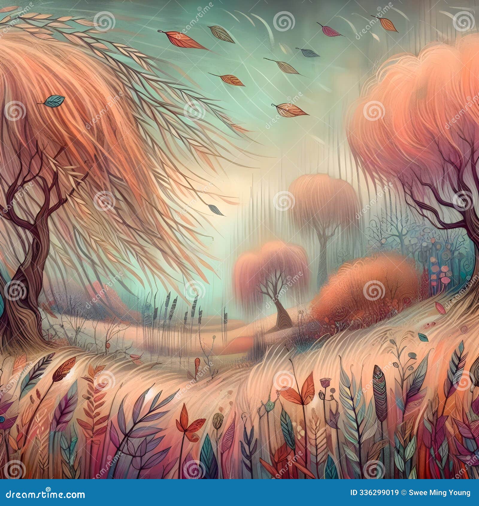 Muted Colors Whimsical Countryside Landscape with Weeping Willows and ...