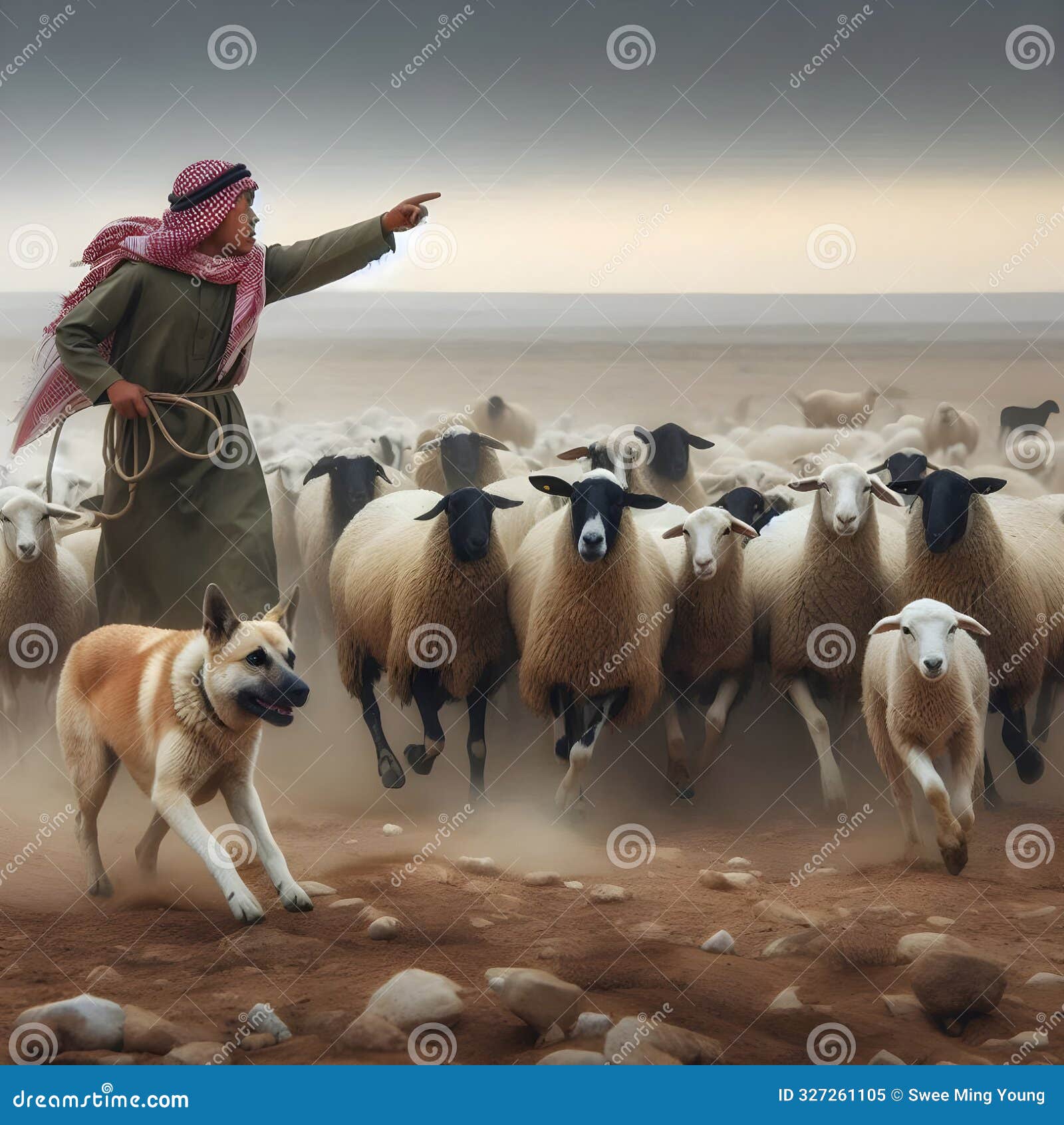 Image of Arab Shepherd Gesturing Sheep Dog Grouping Up the Sheep in ...