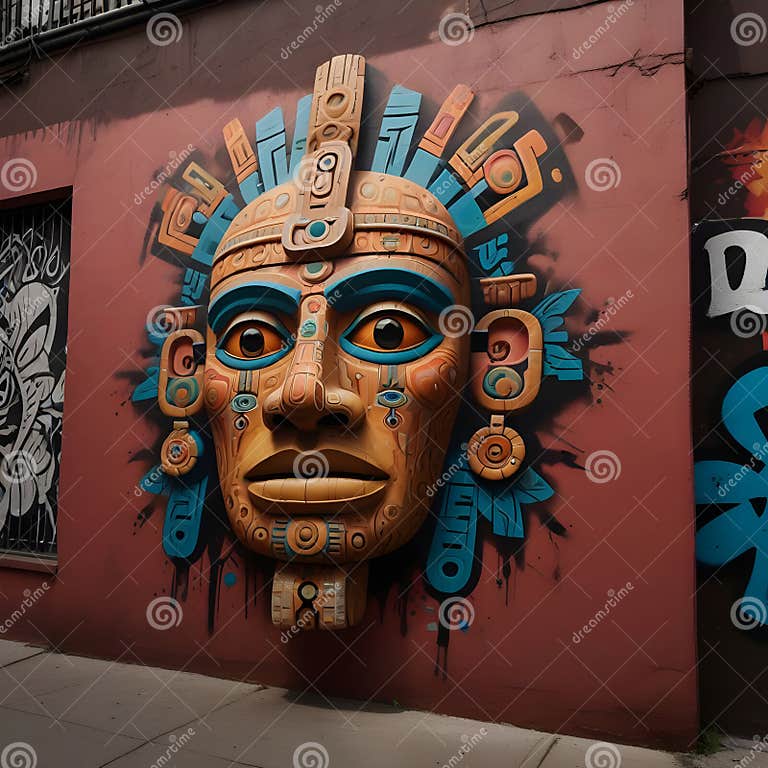 Image of the Aztec Statue in Vibrant Graffiti Scene Drawn Around the ...