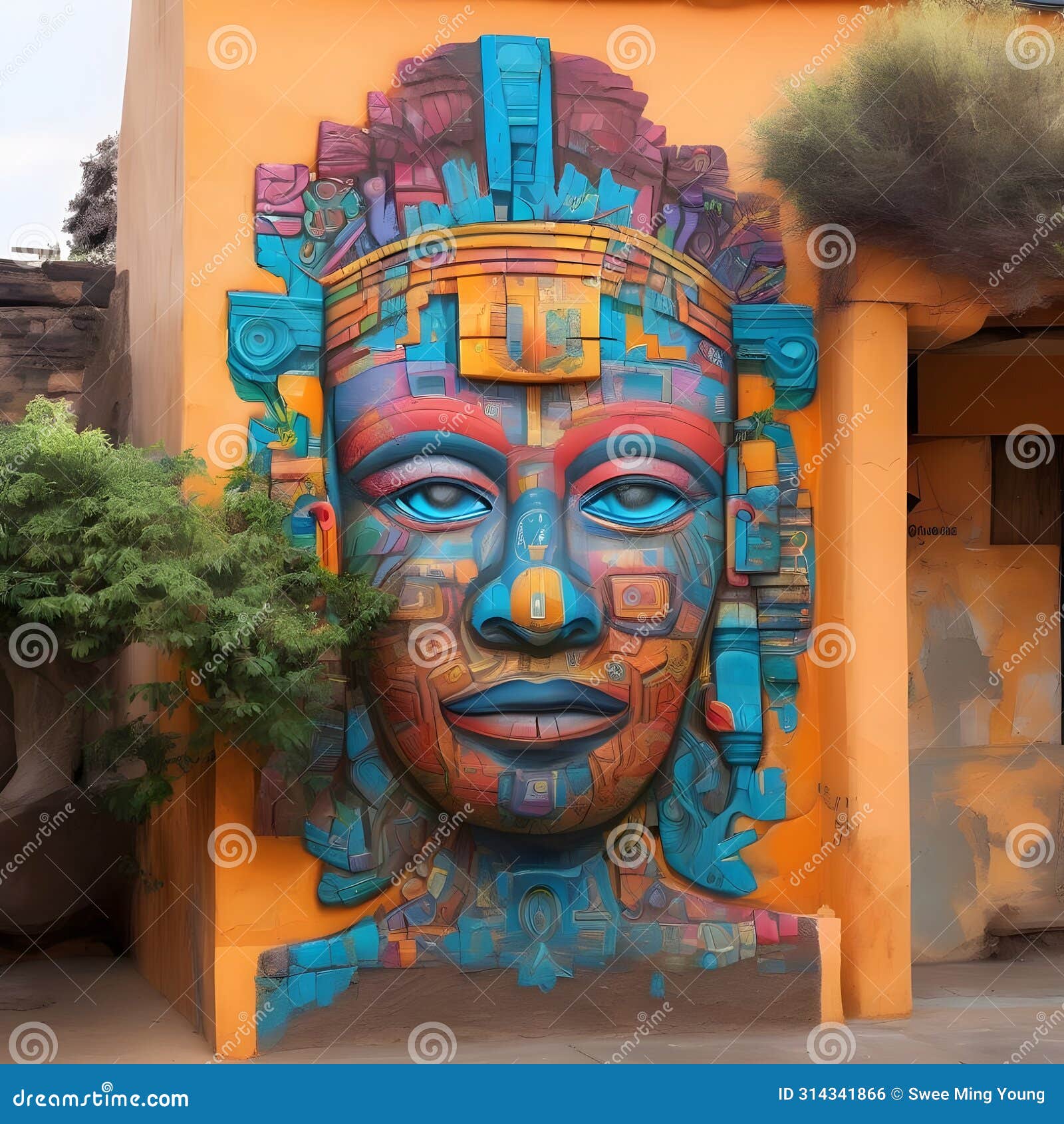 Image of the Aztec Statue in Vibrant Graffiti Scene Drawn Around the ...