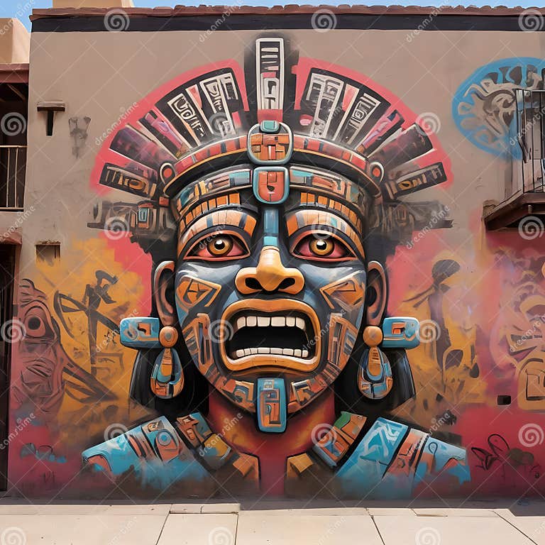 Image of the Aztec Statue in Vibrant Graffiti Scene Drawn Around the ...