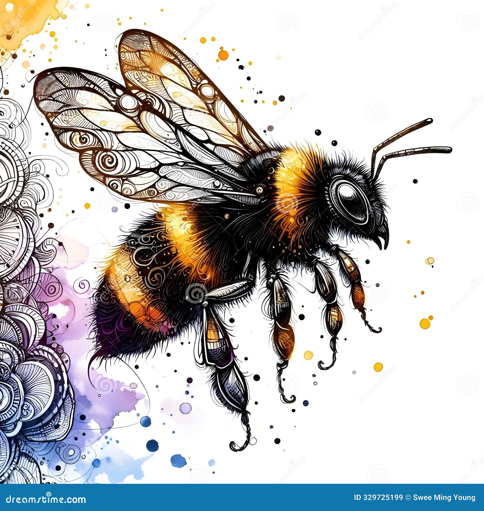 A Beautiful Vibrant Clip Art Bumble Bee with Alcohol Inks Style. Stock ...