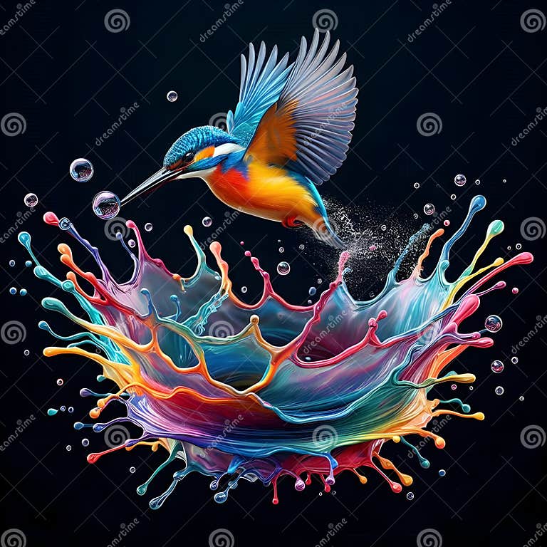 Bird Diving into a Multi-colored Water Surface Whereby Creating Complex ...