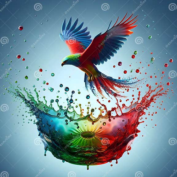 Bird Diving into a Multi-colored Water Surface Whereby Creating Complex ...