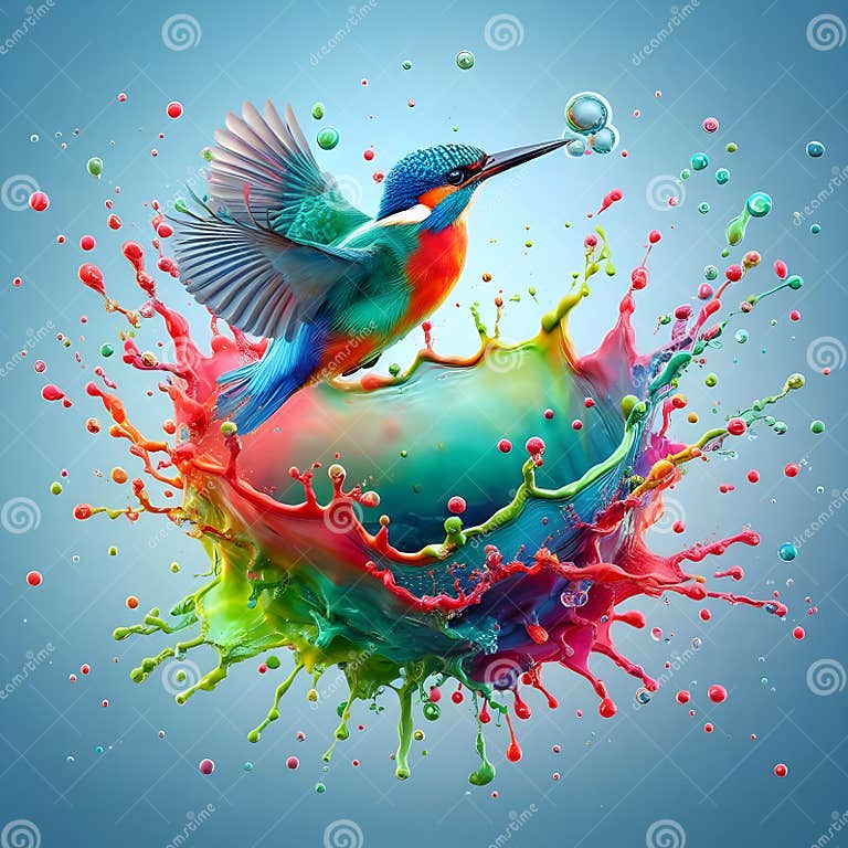 Bird Diving into a Multi-colored Water Surface Whereby Creating Complex ...