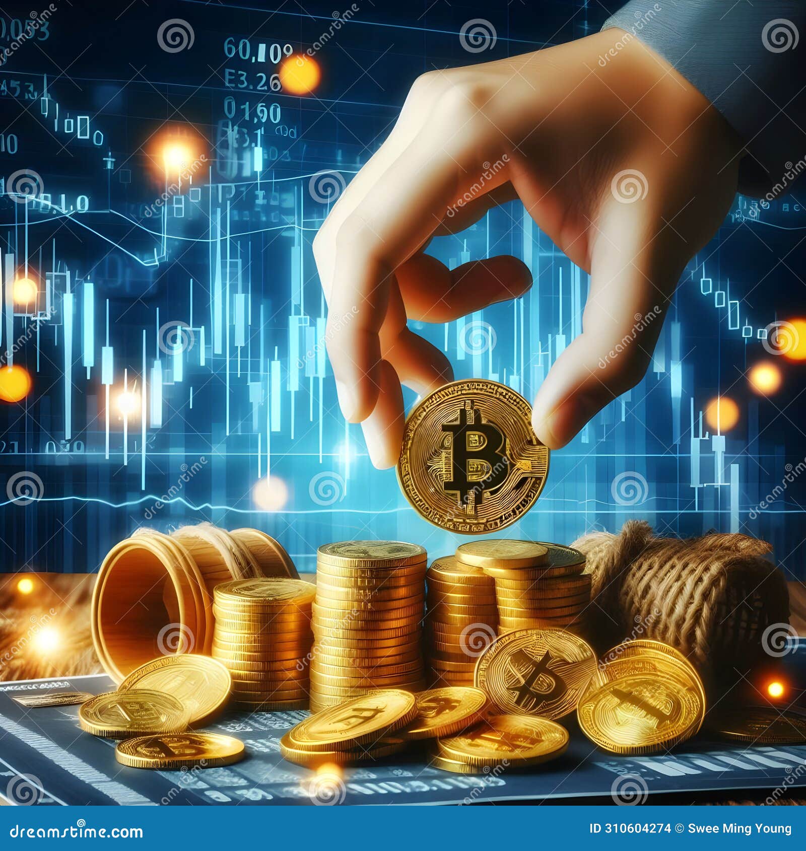 Image of Bitcoin in the Center, a Bunch of Bitcoins Lying on Top of a ...