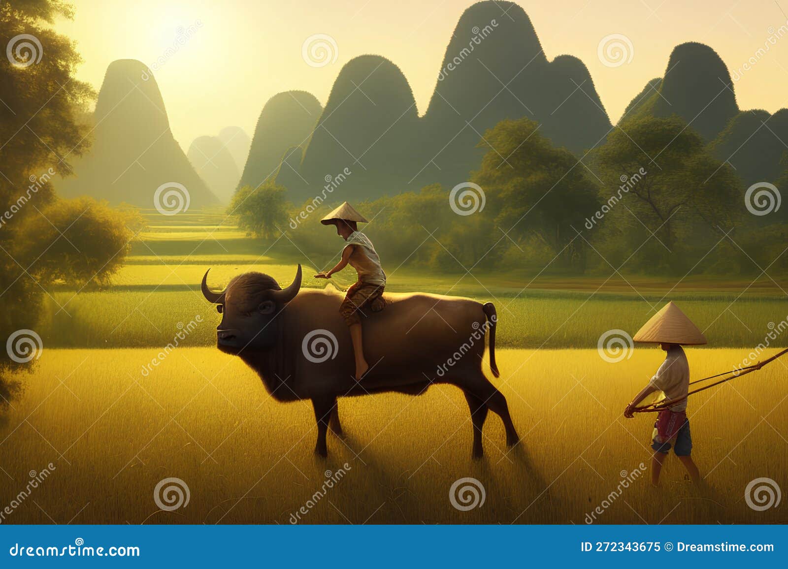 Image of the Buffalo Riding in the Agriculture Countryside As the Means ...