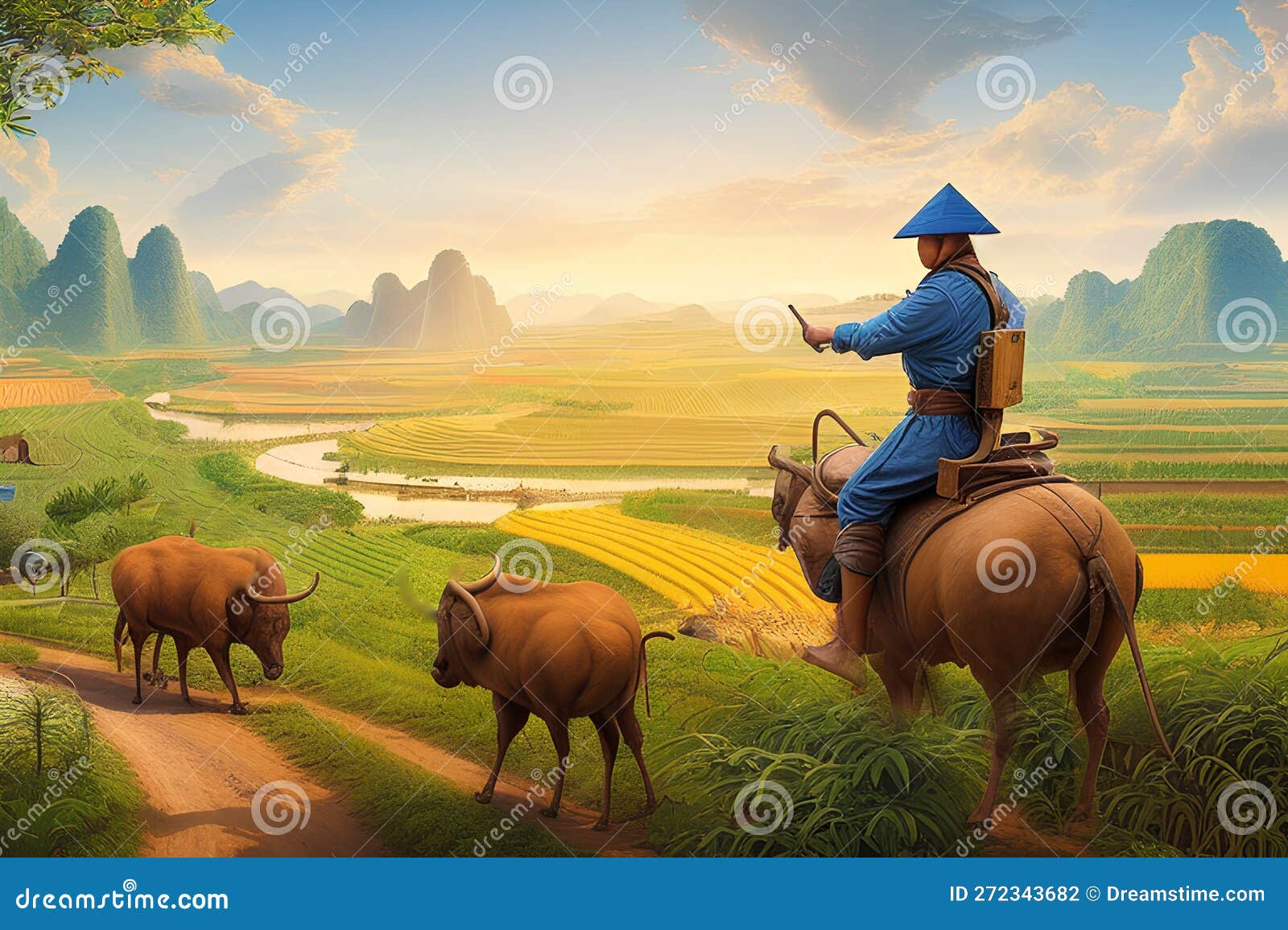 Image of the Buffalo Riding in the Agriculture Countryside As the Means ...