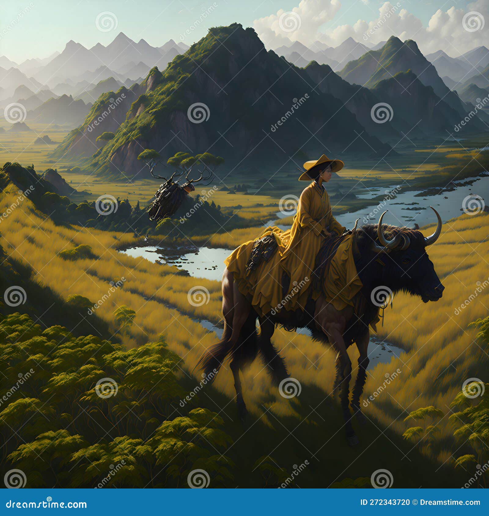 Image of the Buffalo Riding in the Agriculture Countryside As the Means ...