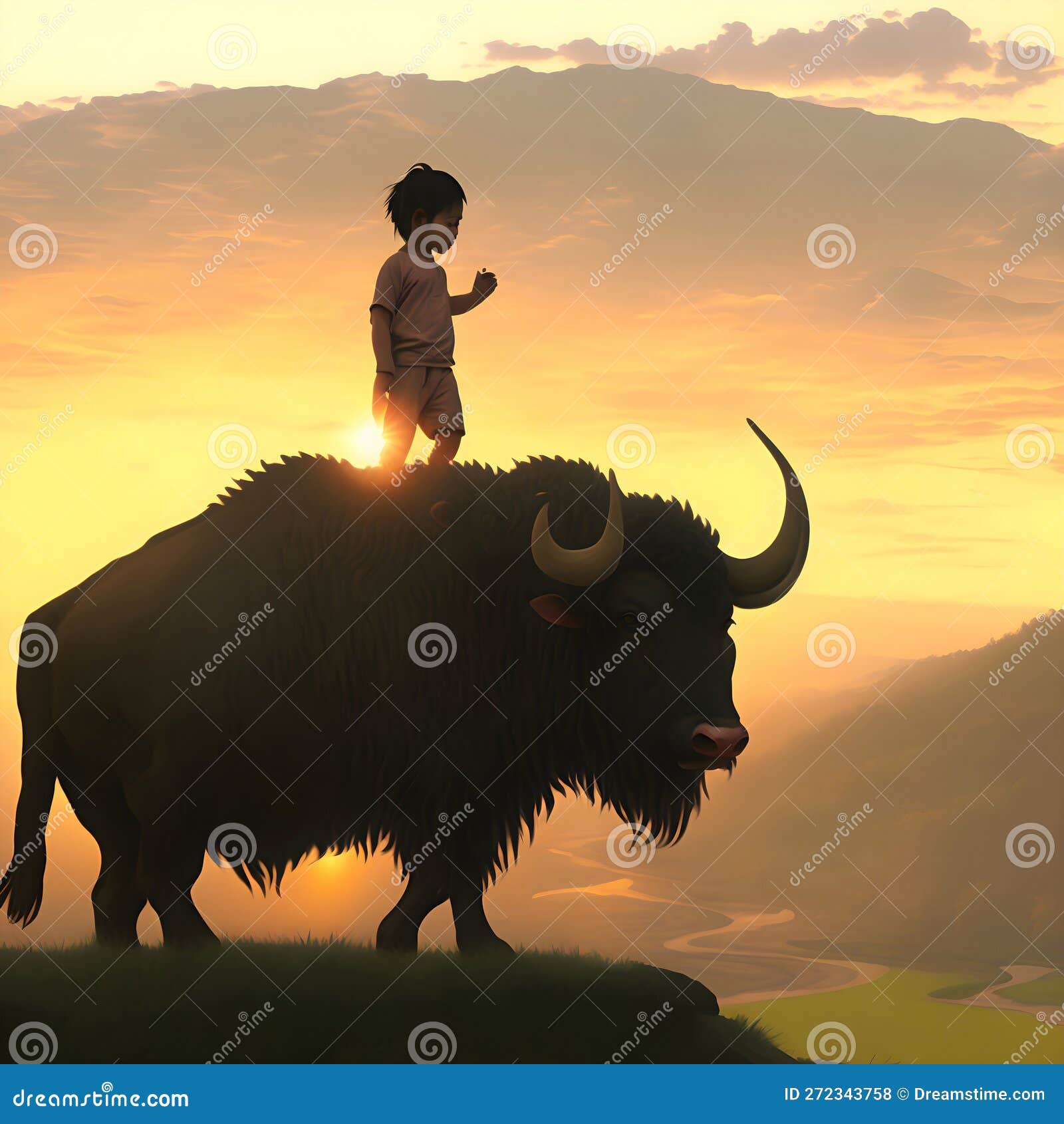 Image of the Buffalo Riding in the Agriculture Countryside As the Means ...