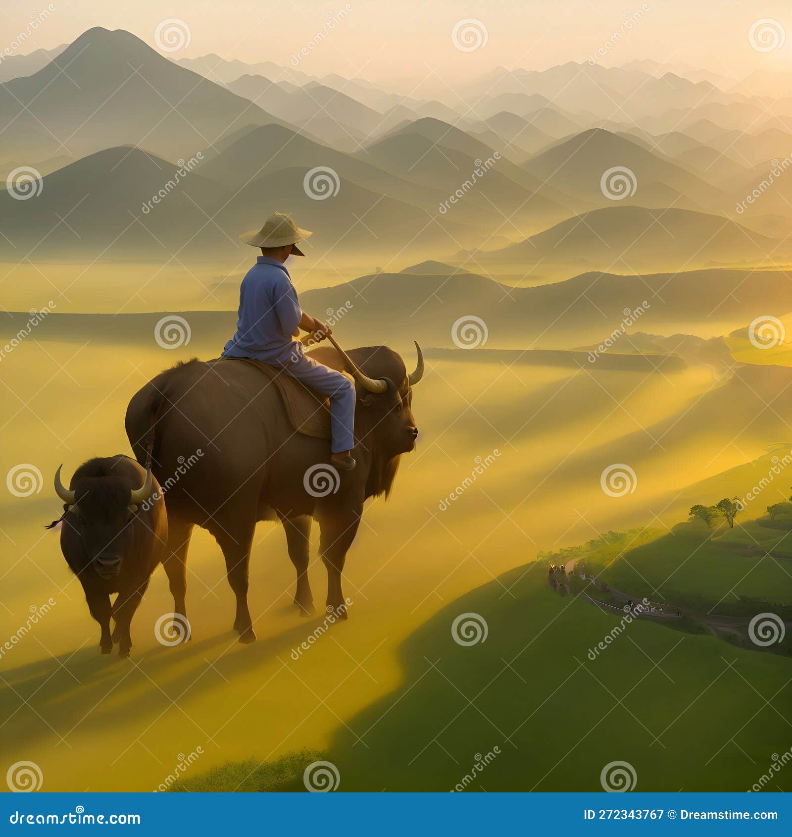 Image of the Buffalo Riding in the Agriculture Countryside As the Means ...