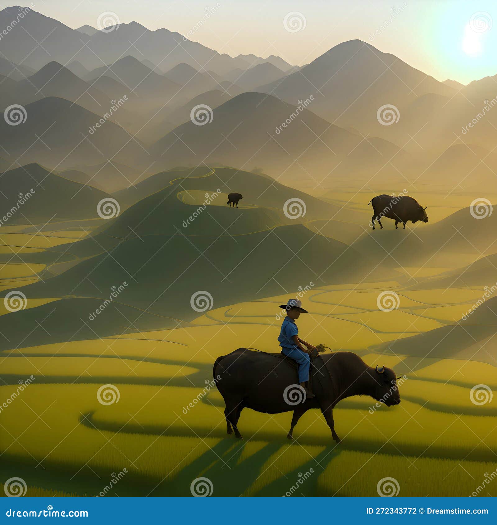 Image of the Buffalo Riding in the Agriculture Countryside As the Means ...