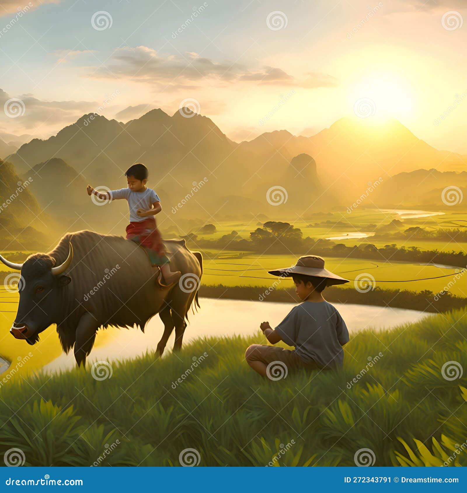 Image of the Buffalo Riding in the Agriculture Countryside As the Means ...