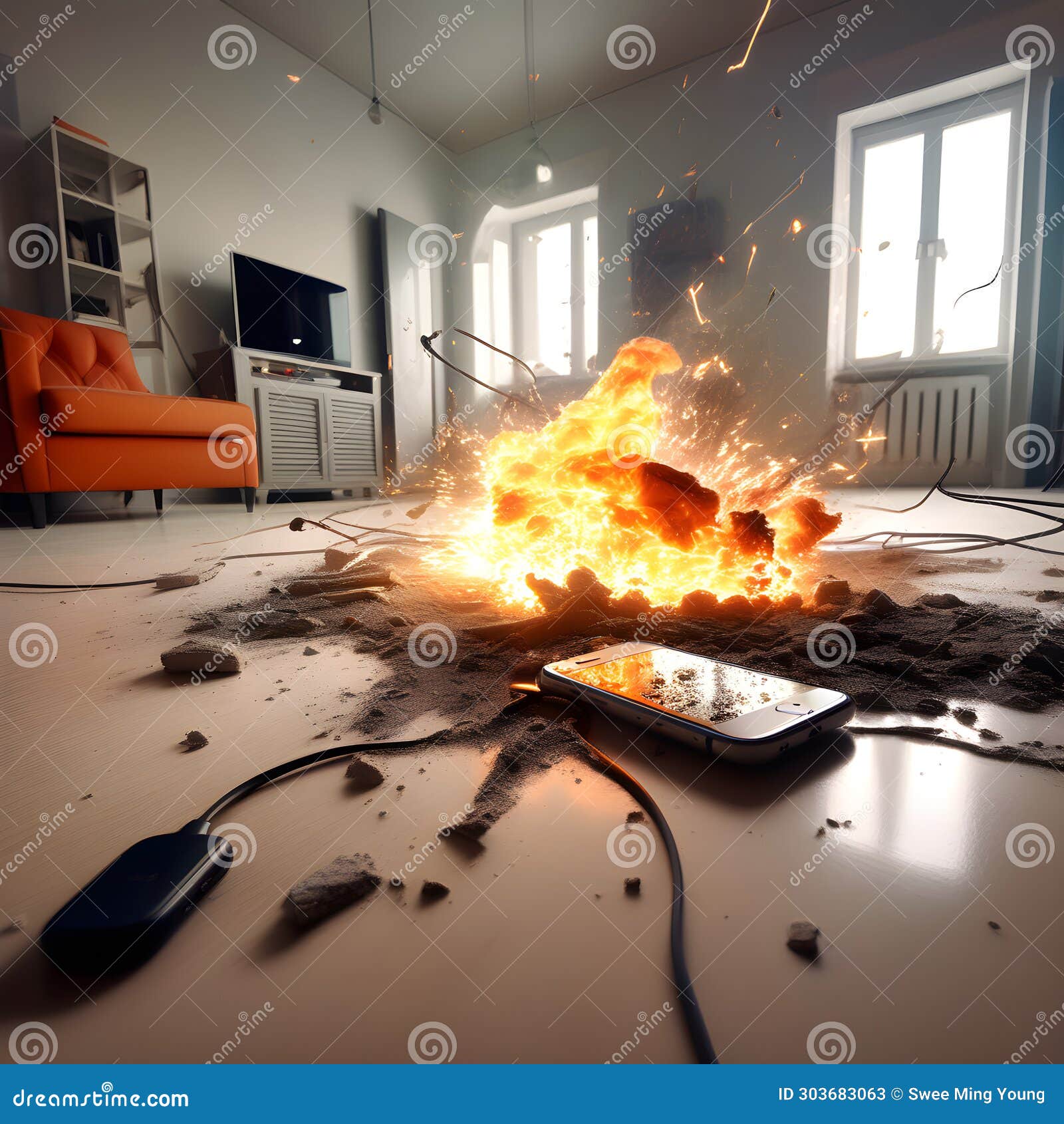 Image of a Burning Cellphone Smoke and Fire with a Burst of Particles ...