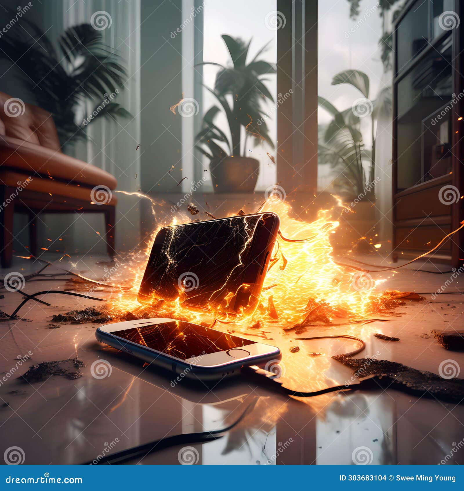 Image of a Burning Cellphone Smoke and Fire with a Burst of Particles ...